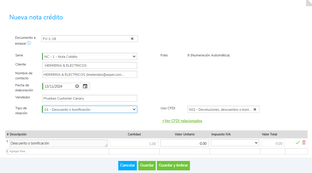 Elaborar nota de crédito por descuento o bonificación (factura de venta ...