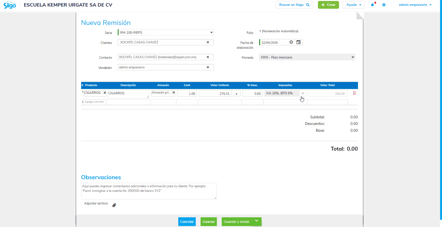 Elaborar remisión con impuesto IEPS - Portal de Clientes Siigo Aspel