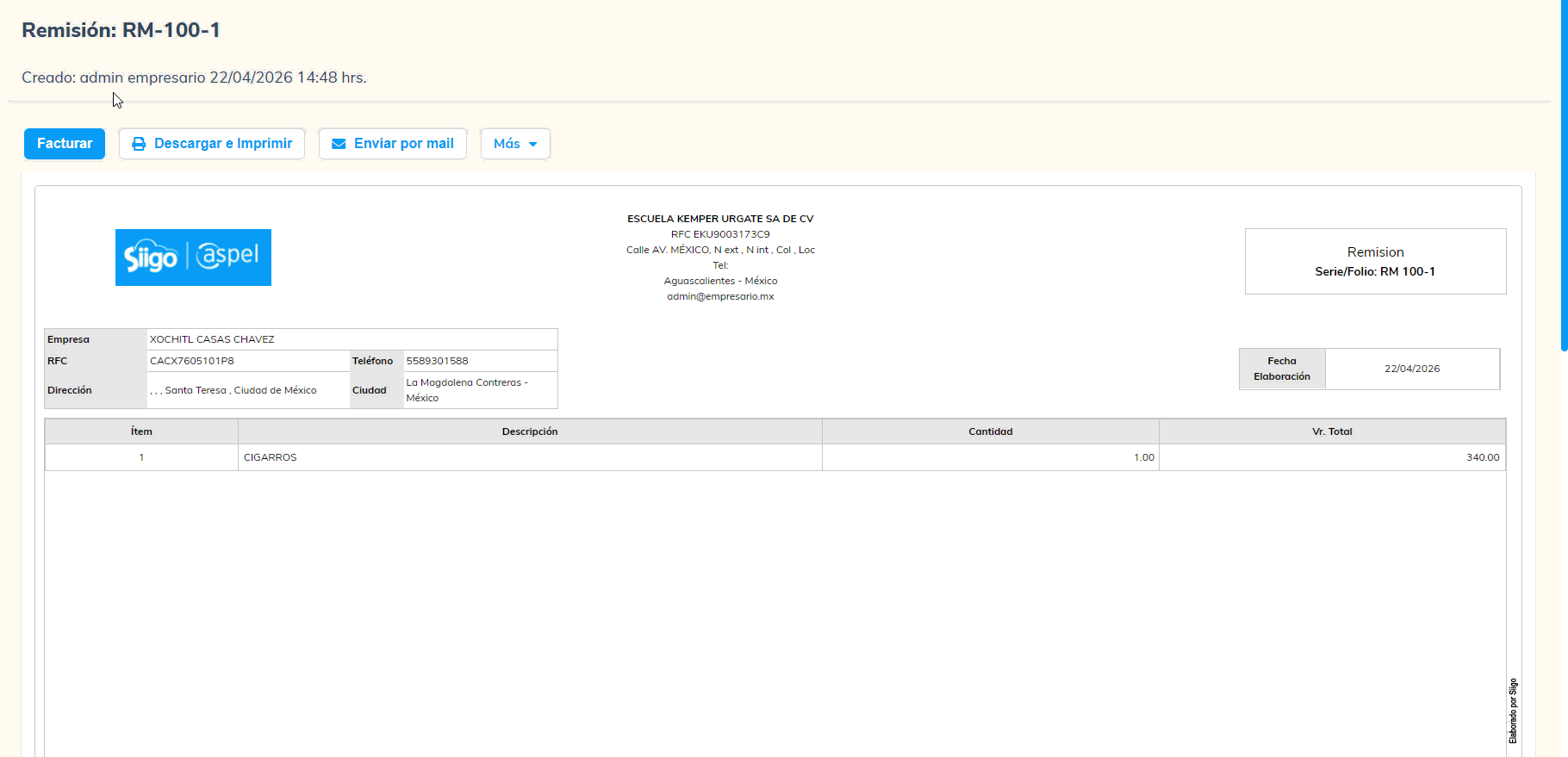 Elaborar remisión con impuesto IEPS - Portal de Clientes Siigo Aspel